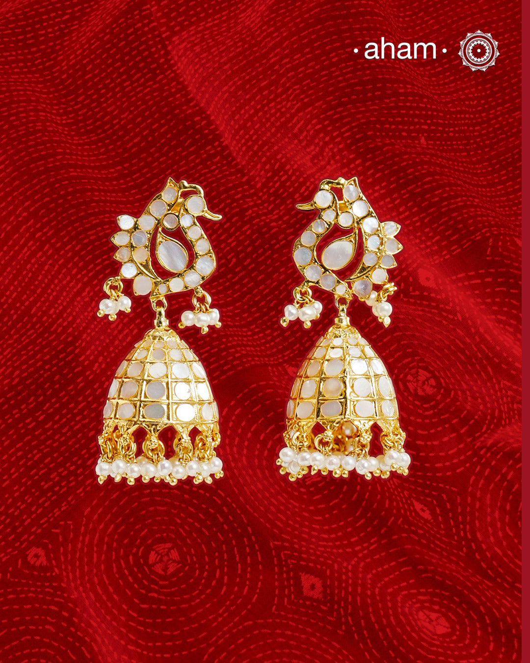 Mother of Pearl Gold Polish Peacock Silver Jhumkie – aham jewellery ...